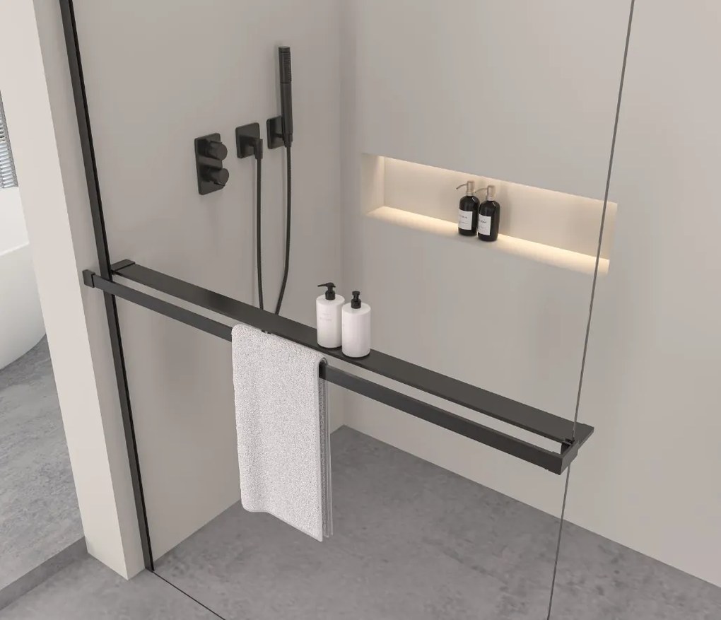 Erga Paris, sprchová zástěna Walk-In 60x200 cm s poličkou a ramínkem na ručníky, 8mm čiré sklo, černý profil, ERG-V02-PARIS-060x200-CL-BK-BAR