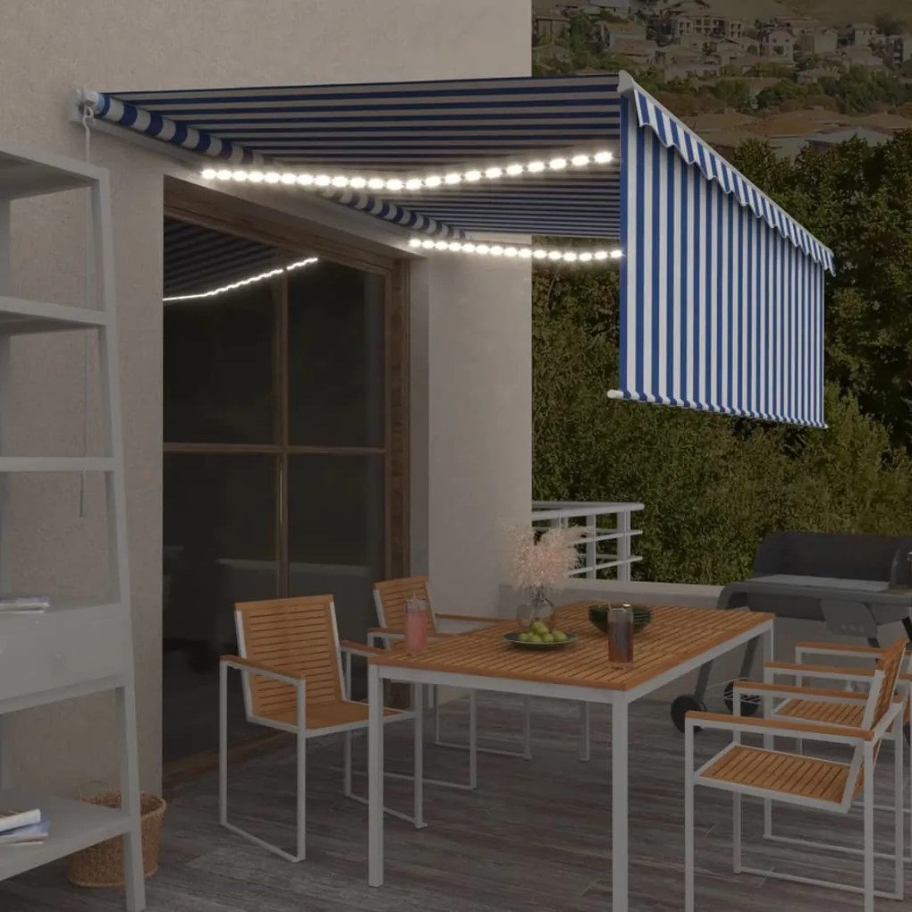 Ručně zatahovací markýza s roletou a LED 4,5 x 3 m modrobílá 3069321