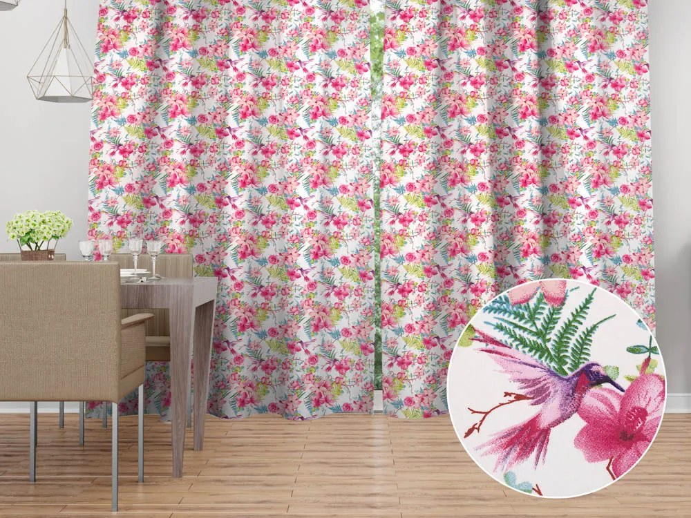 Biante Bavlněný závěs Sandra SA-493 Kolibříci s růžovými květy na bílém 150x140 cm