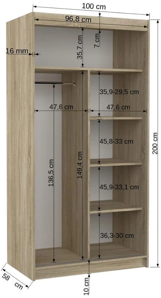 Šatní skříň s posuvnými dveřmi Nordic - 100 cm Barva: Bílá/Dub