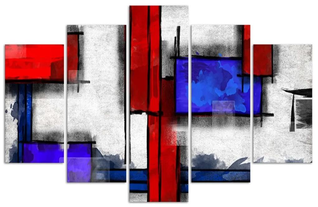 Obraz na plátně pětidílný Abstrakce Modrá Červená - 200x100 cm