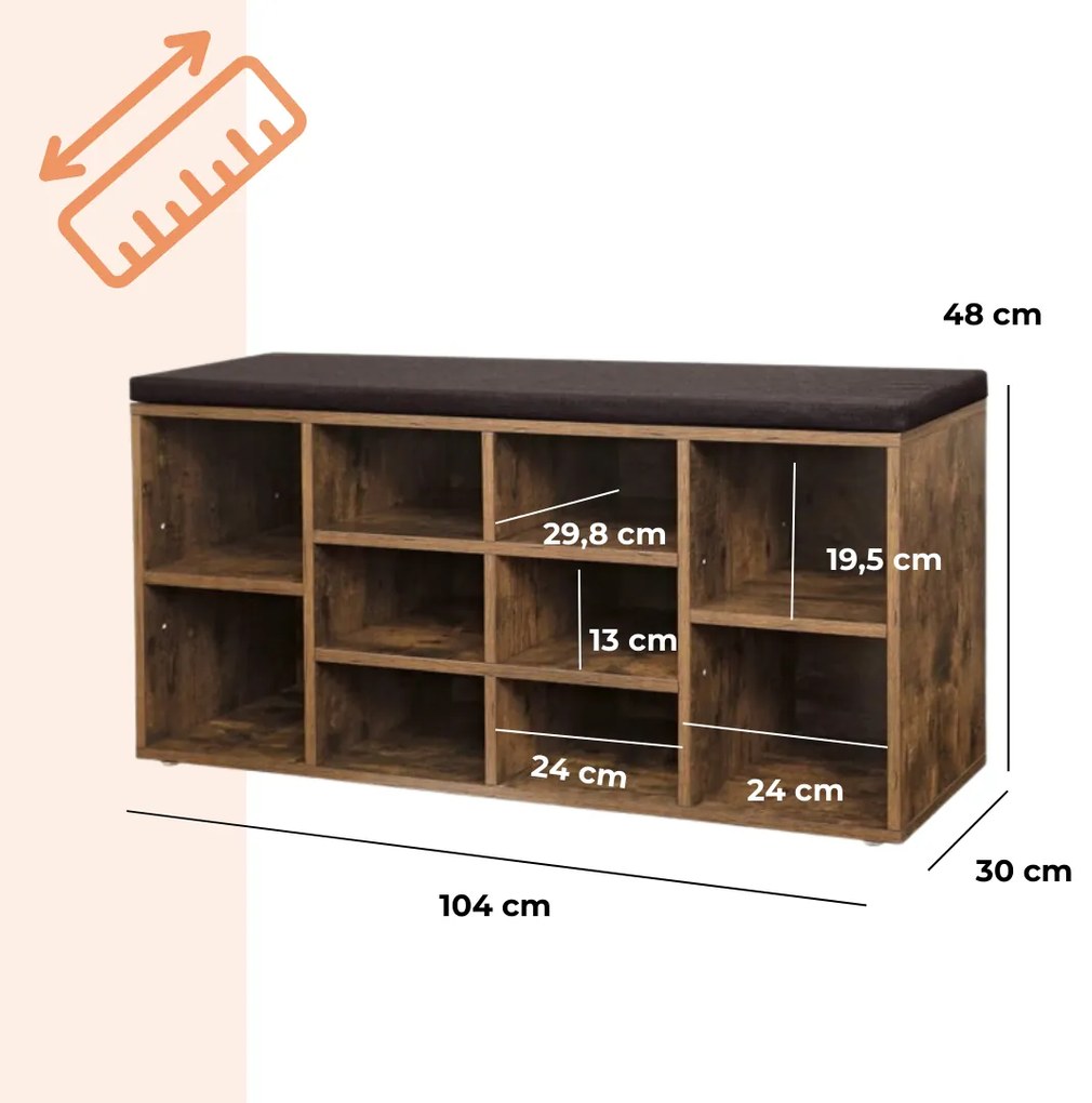 Botník s čalouněnou lavicí GABI, 10 přihrádek, 104x30x48cm, černá/tmavě hnědá Jurhan
