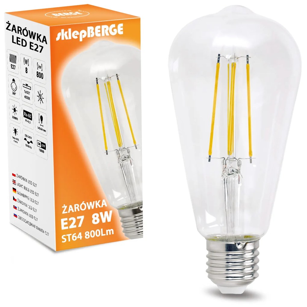 BERGE LED žárovka E27 ST64 8W neutrální bílá