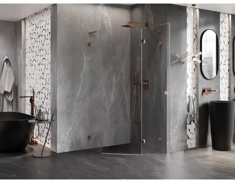 Mexen Lunar, L pětiúhelníkový sprchový kout s pravým sklonem 90 x 90 cm, 8mm čiré sklo, profil růžové zlato, 831L-090P-090L-60-00-P