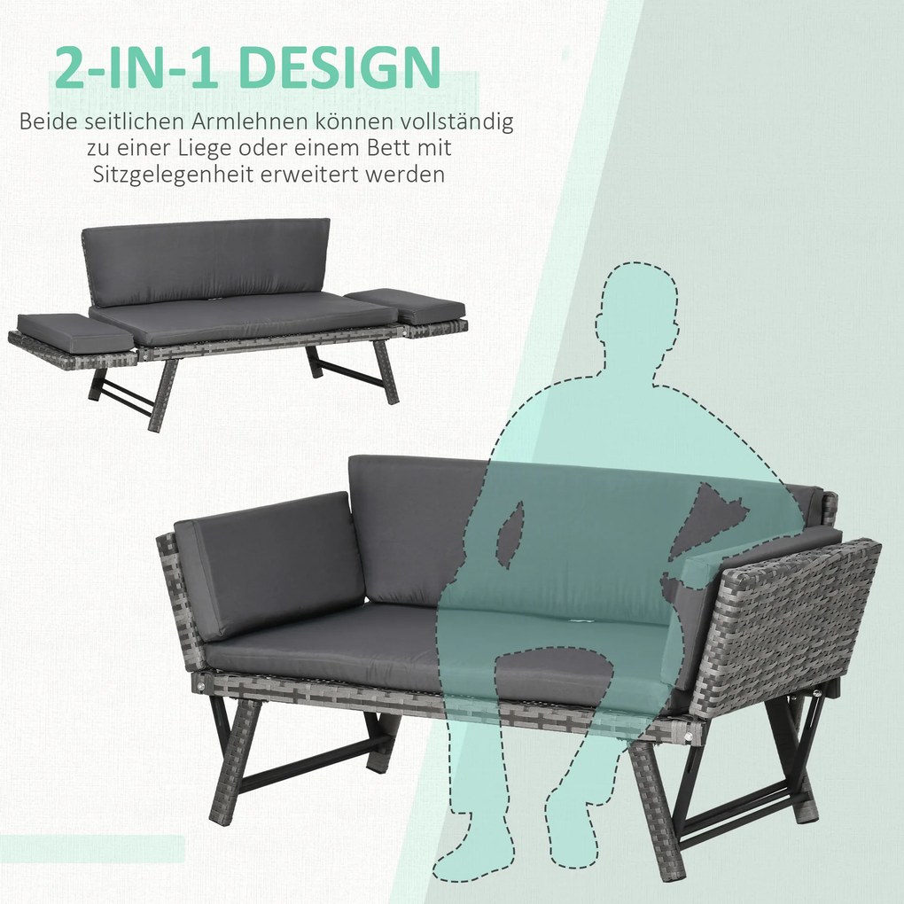 Outsunny polyratanová zahradní pohovka 2místná lounge pohovka šedá se sklopnými područkami ocel 129x63x67cm na zahradní terasu