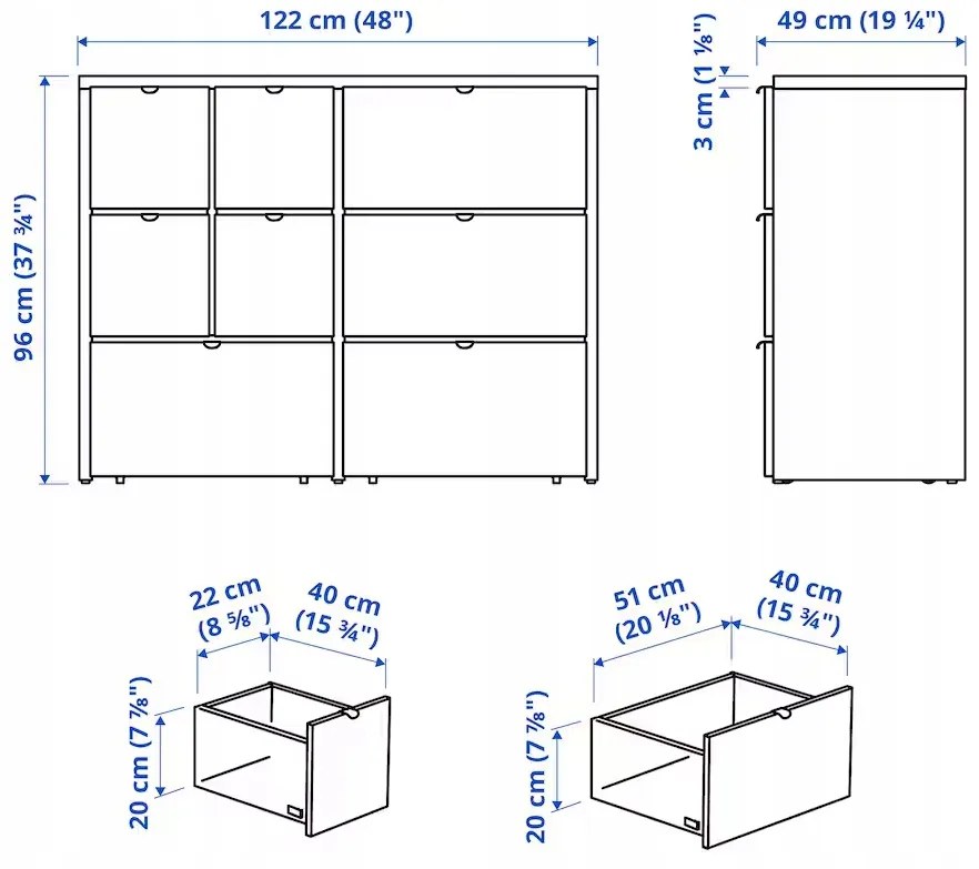 IKEA VISTHUS Komoda, 8 zásuvek, 122 x 96 cm, šedá/bílá