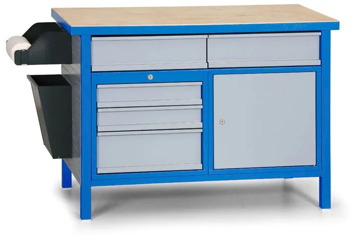 Dílenský pracovní stůl GD, 5 zásuvek, smrk + buková překližka, 5 zásuvek, 1 skříňka, 1190 x 600 x 850 mm, modrá / šedá