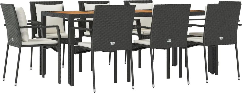 9dílný zahradní jídelní set s poduškami černý polyratan 3157968