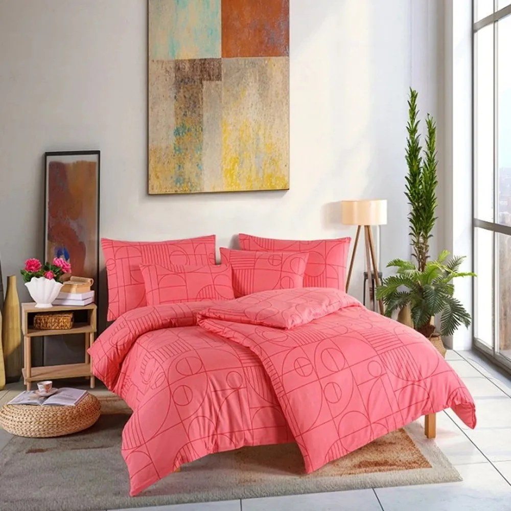 Bavlněné ložní povlečení Geo Sunset Coral - 100% bavlna Renforcé - 70 x 90 cm + 140 x 200 cm
