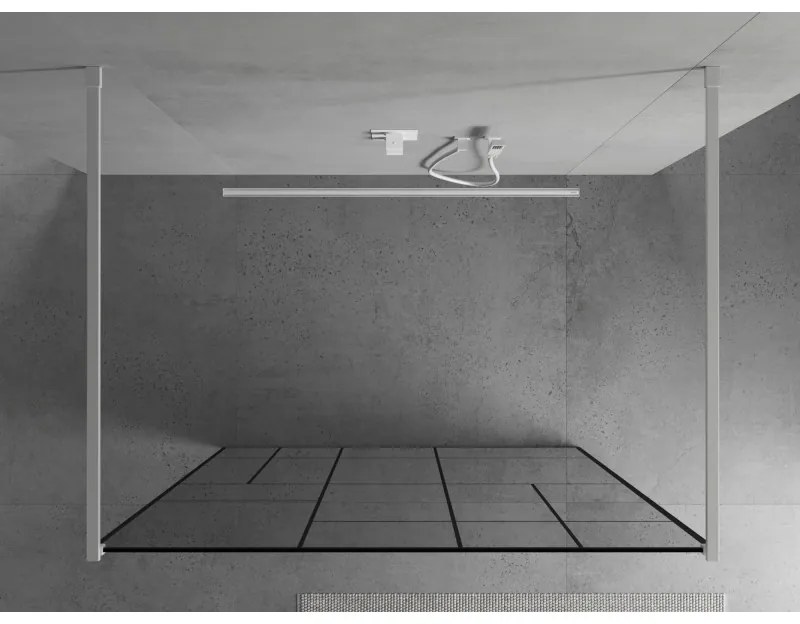 Mexen Kioto, průchozí sprchová zástěna 100 x 200 cm, 8mm sklo čiré/černý vzor, 2x bílá stabilizační rozpěra, 800-100-002-20-78