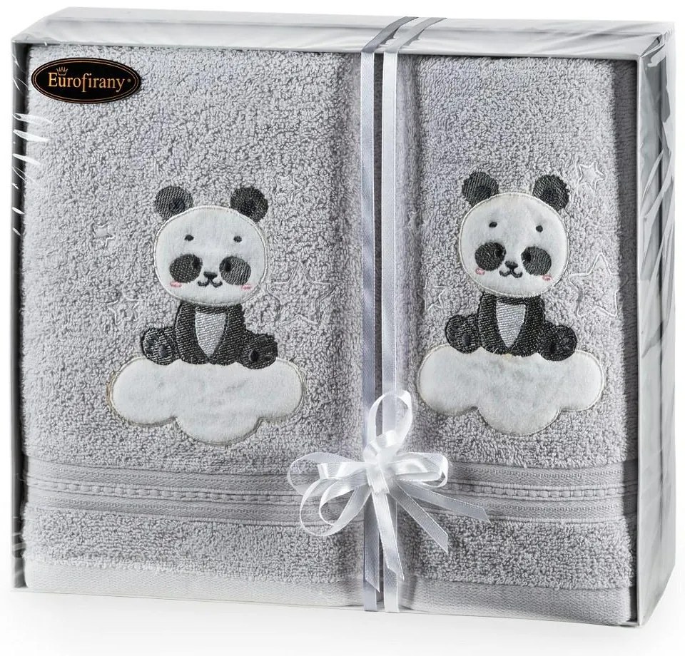 Sada ručníků Baby63 50x90 + 70x140 Panda stříbrná dárková sada 450g/m2 T/0736 Eurofirany