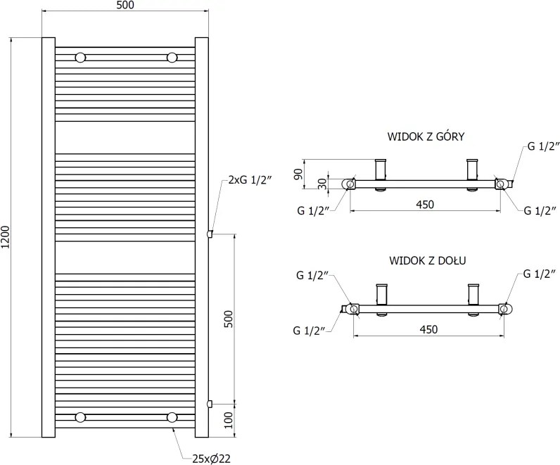 Mexen Mars, topné těleso 1200 x 500 mm, 528 W, boční pravé a spodní připojení, černá, W110-1200-500-00-70-S