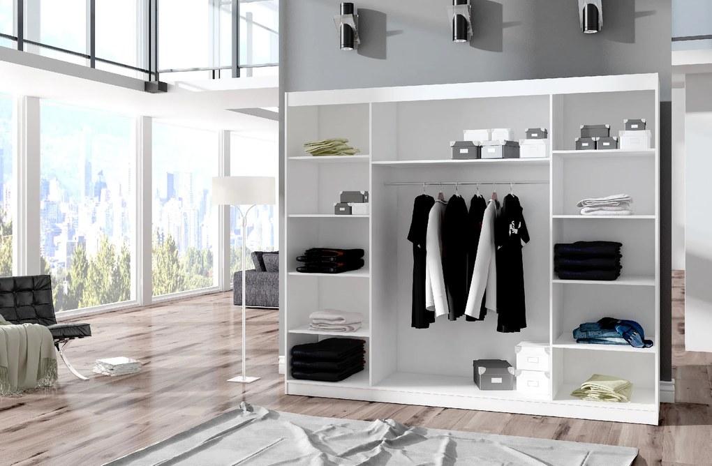 ADRK Furniture Posuvná skříň se zrcadlem a LED osvětlením SHARON 250 SW-SHA-S-250+L-V399