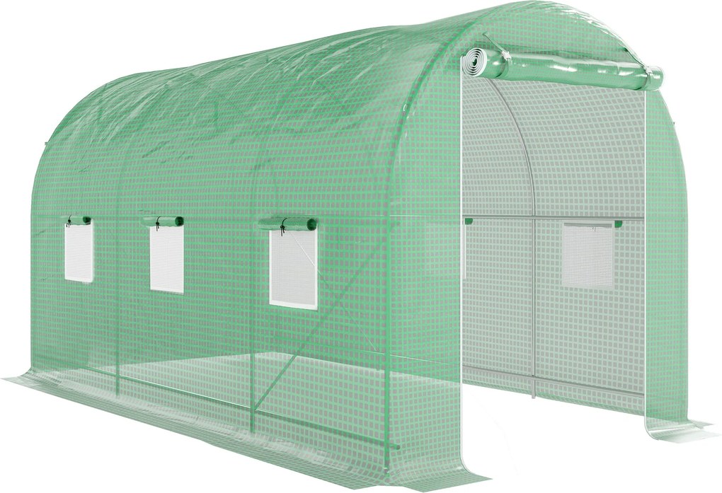 Tunnlový skleník Outsunny 400x200x205 cm se zvedacími dveřmi a 6 okny, PE potah 140 g/m², kovový rám pro pěstování rostlin a zeleniny | Aosom