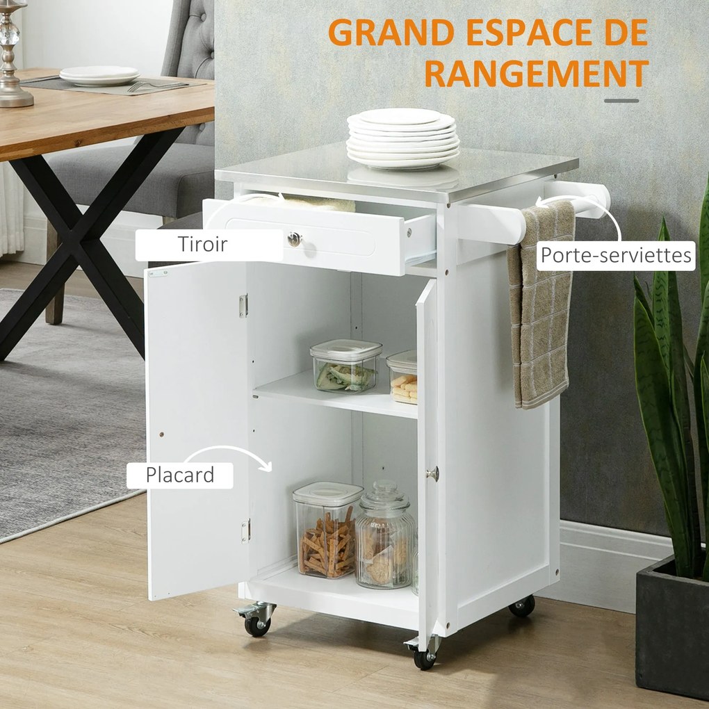 HOMCOM Bílý Kitchen Island Trolley z MDF a nerezové oceli s kolečky, víceúložný, 1 zásuvka, skříňka s 2 dveřmi a držákem na utěrku | Aosom