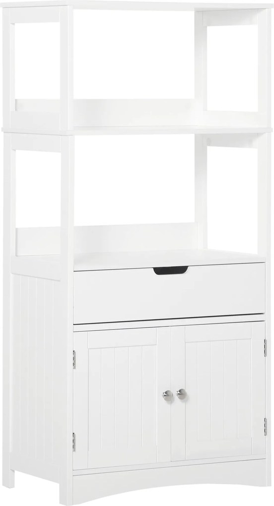 Kleankin Koupelnová skříňka se 3 policemi, šuplíkem a 2 dveřmi – Moderní skříňka na podlaze pro kuchyň, ložnici a obývací pokoj 60x33x122,5 cm Bílá