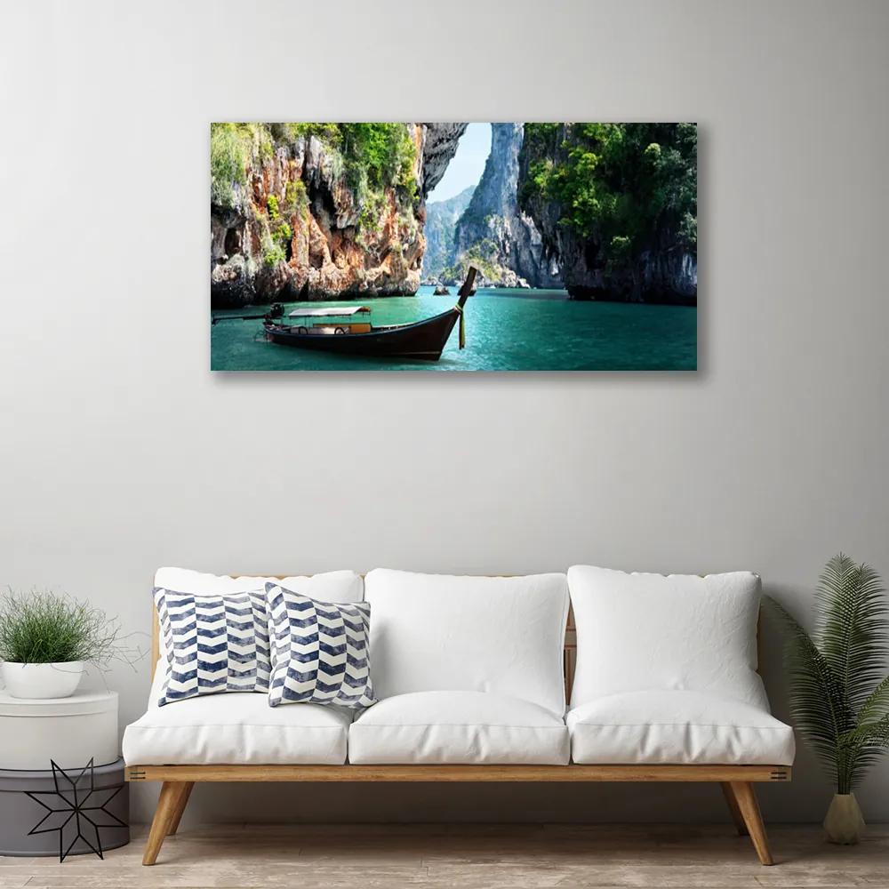Obraz na plátně Loď Jezero Skály Krajina 100x50 cm