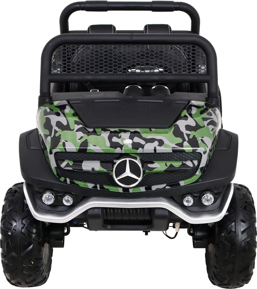 Ramiz Mercedes Benz Unimog elektrické autíčko pro děti maskáčové + pohon 4x4 + dálkové ovládání + nosič zavazadel + pomalý start + rádio MP3 + LED