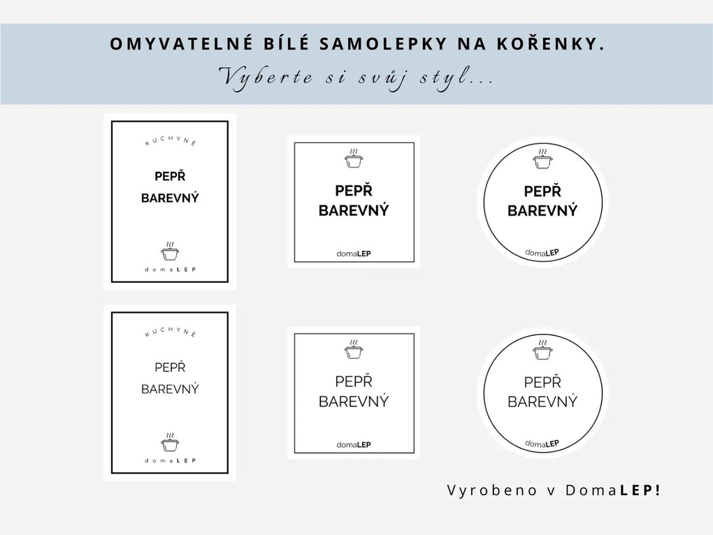 PEPŘ BAREVNÝ - omyvatelná samolepka na kořenky, výběr rozměrů Ø 5 cm / 5 x 5 cm / 6 x 8 cm | DomaLEP tvar: OBDÉLNÍK, barva: BÍLÁ - ČERNÉ písmo, velikost: š. 6 cm x v. 8 cm – základní písmo