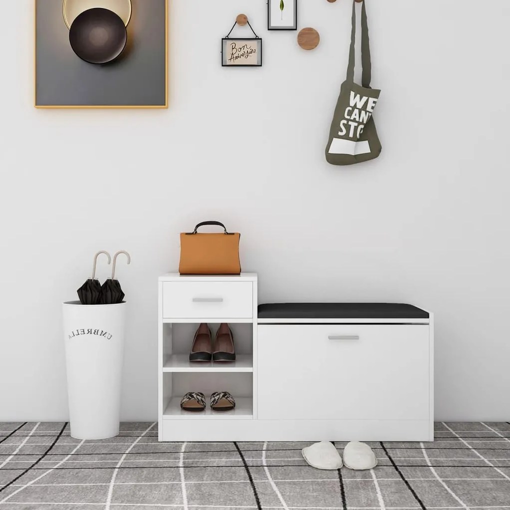 Lavice s botníkem bílá vysoký lesk 94,5x31x57 cm kompozit 326747