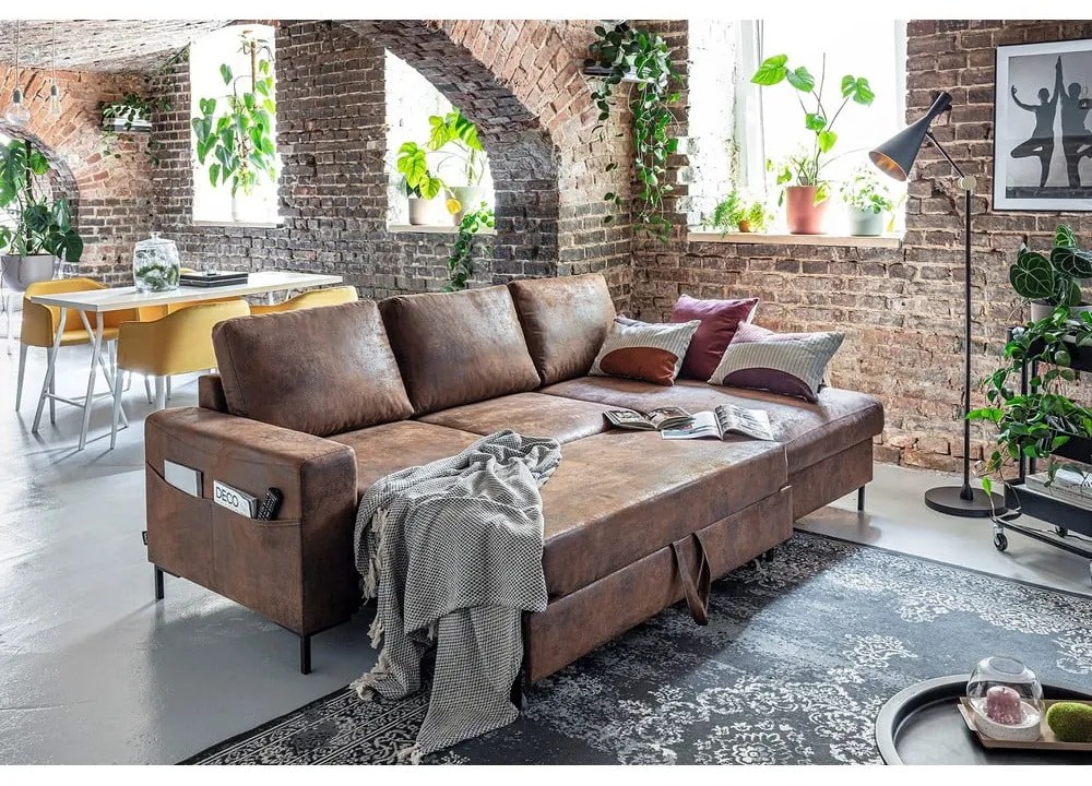 Hnědá rozkládací rohová pohovka z imitace kůže Miuform Lofty Lilly Vintage, pravý roh