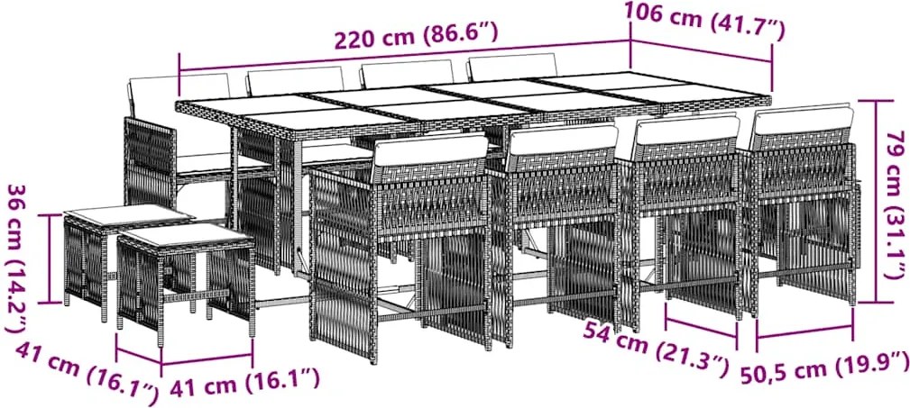 13dílný zahradní jídelní set s poduškami černý polyratan 3211698