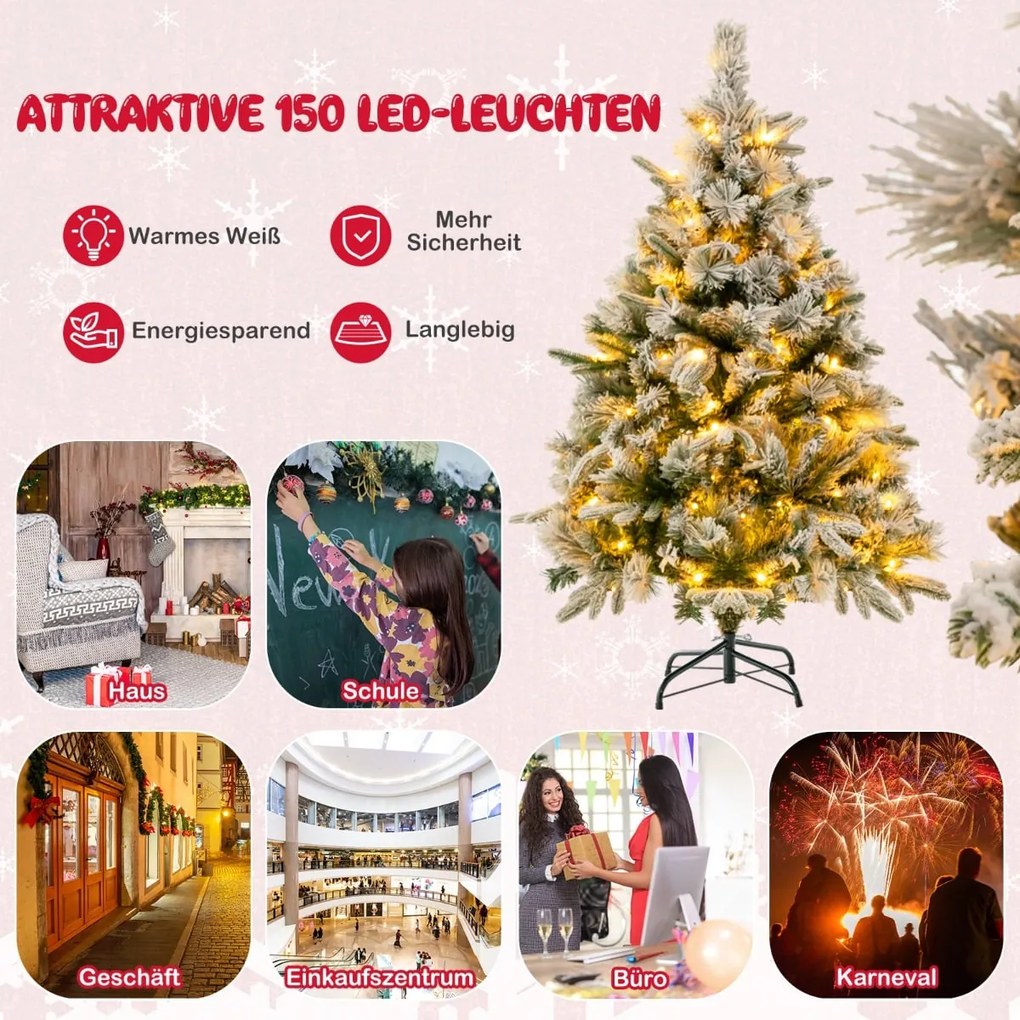 Costway Umělý vánoční stromek 136 cm se sněhem a 150 teplými bílými LED světly