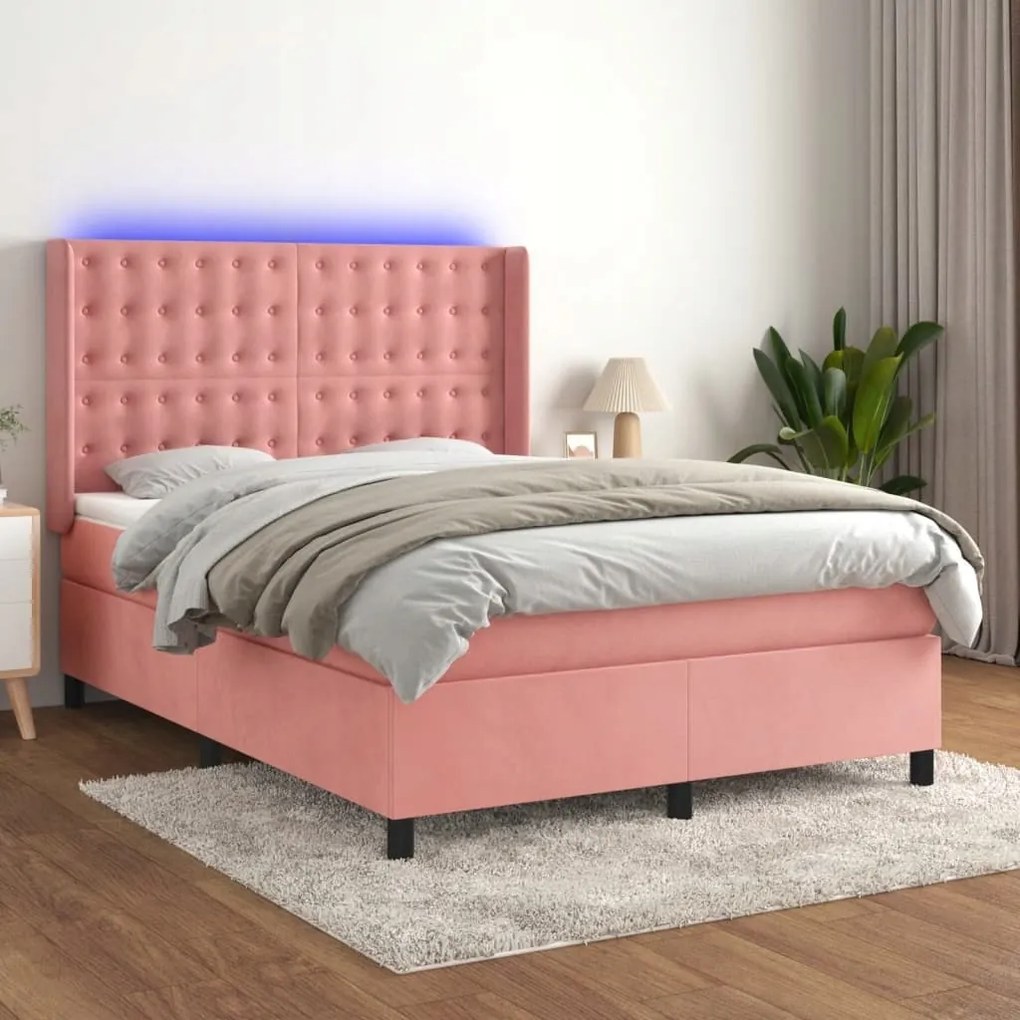 Box Spring Postel S Matrací A Led Samet Růžová tlačítka 140 x 190 cm