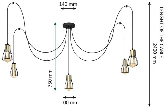 Lustr na lanku TUBE LONG 5xE27/15W/230V černá/zlatá