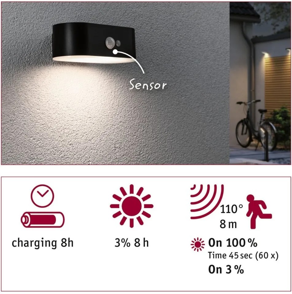 P 94571 Solární LED venkovní nástěnné svítidlo Adya pohybové čidlo IP44 3000K černá - PAULMANN