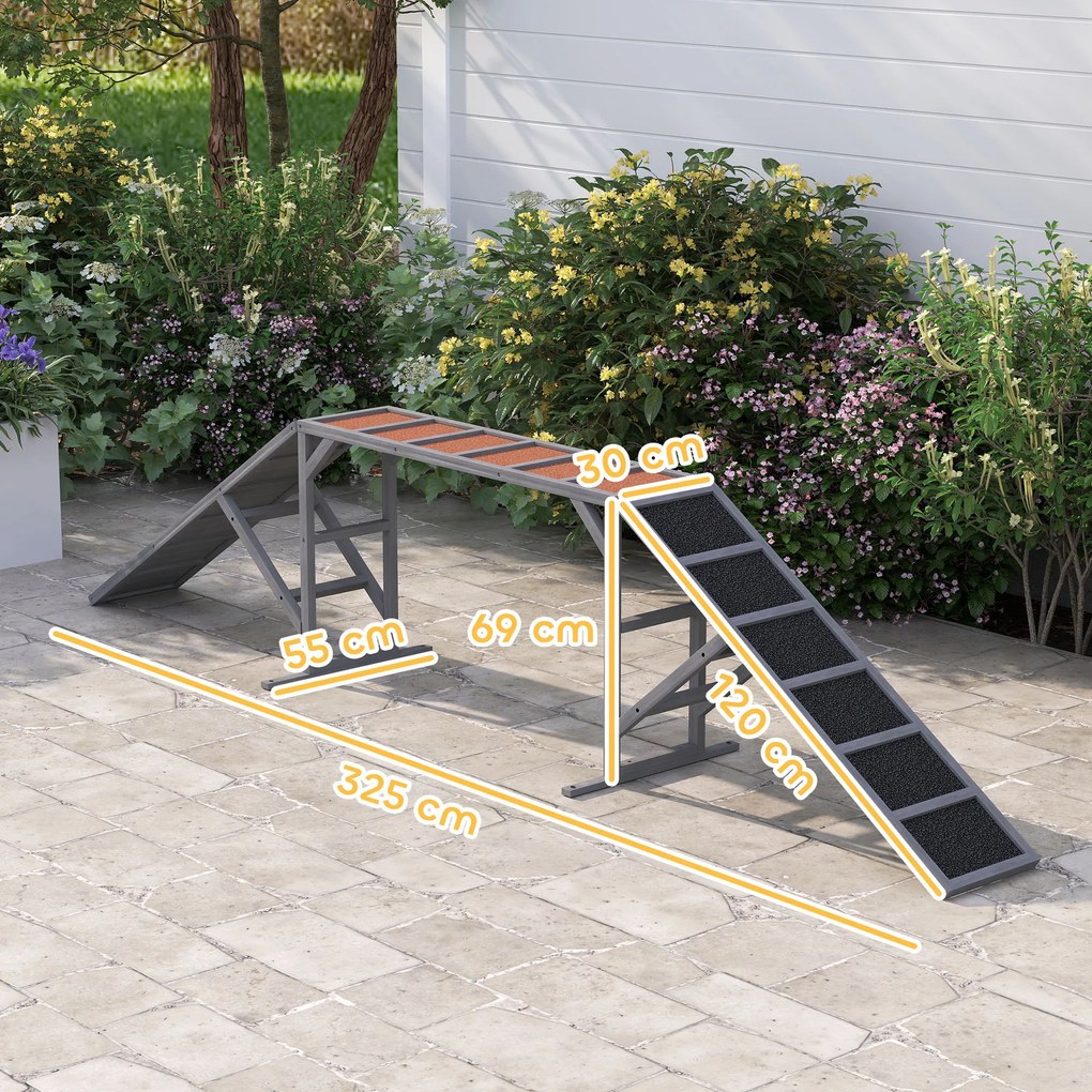Agility lávka pro psy s bezpečnostní tyčí protiskluzový povrch odolný proti povětrnostním vlivům agility vybavení do 40 kg 335x55x60 cm šedá