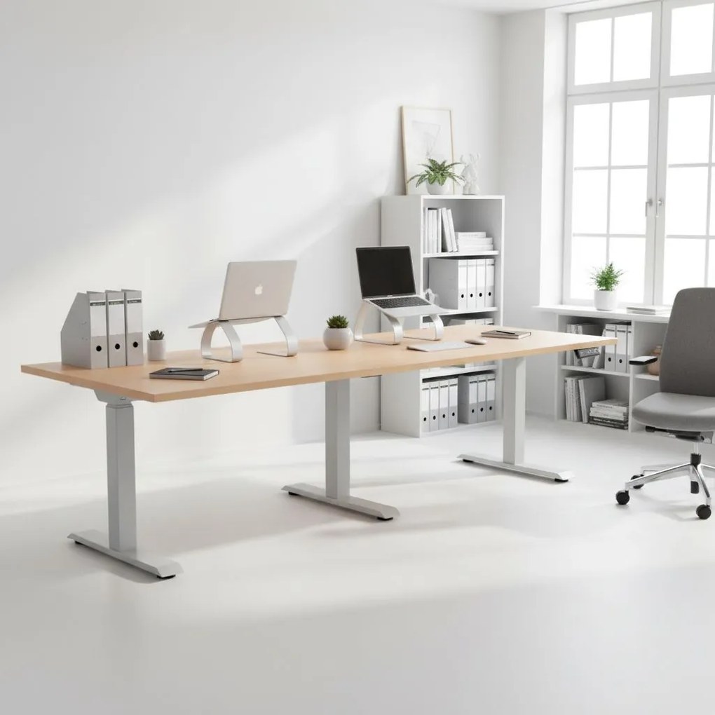 Výškově nastavitelný stůl OfficeTech Long, 240 x 80 cm, šedá podnož, buk