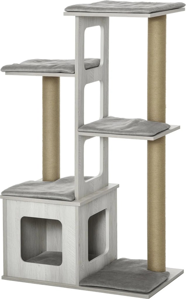 PawHut Víceúrovňový škrabací strom pro kočky s domkem a juteovými provazy, 67x38,5x114 cm, Šedá | Aosom