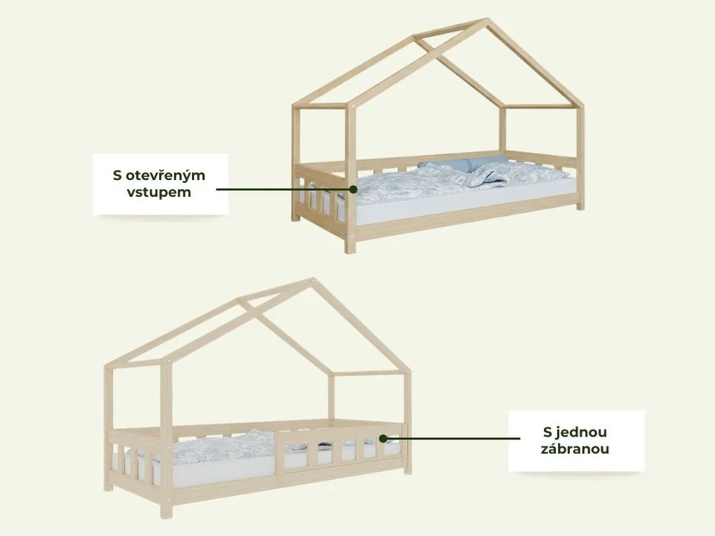 Benlemi Domečková postel PLOTTY s předním štítem Zvolte barvu: Šalvějová zelená, Zvolte rozměr: 90x180 cm, Zvolte zábranu: S otevřeným vstupem