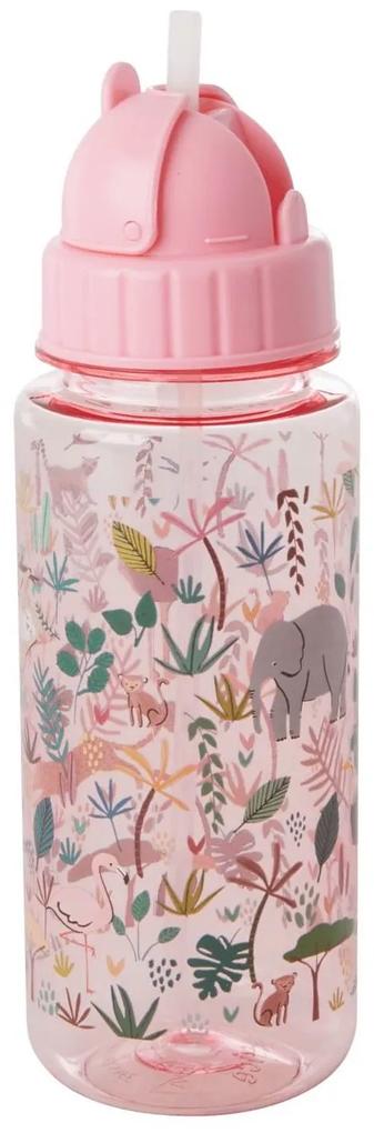 rice Dětská lahev s brčkem Jungle Animals Pink 450 ml, růžová barva, plast  | BIANO