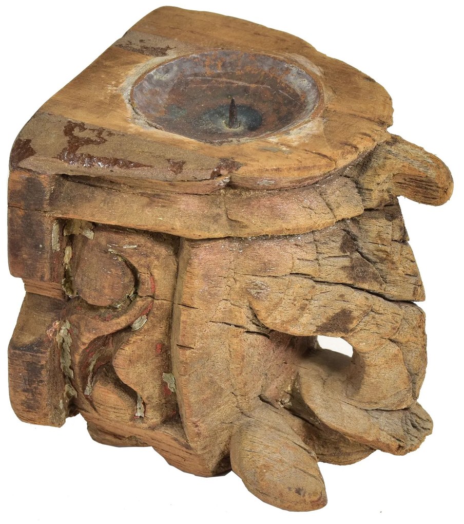 Sanu Babu Antik svícen, teak, vyřezávaný, 10x11x11cm