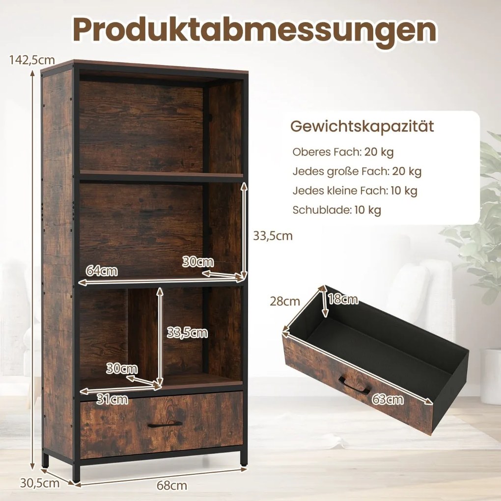 Costway 4-vrstvá knihovna s otevřenými přihrádkami a látkovou