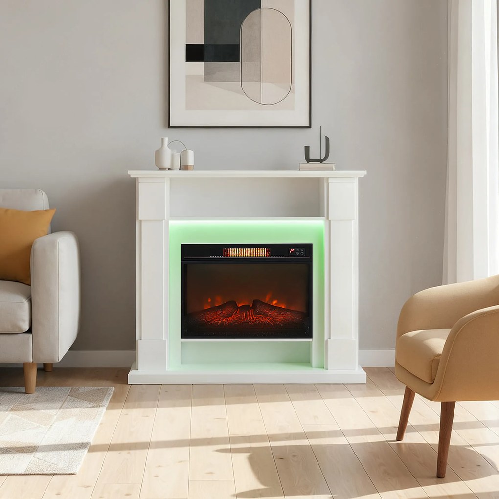 HOMCOM Elektrický krb s LED světly, realistický efekt plamenů, 1800W, krbový říms, 2 dálkové ovladače, sklo, bílá