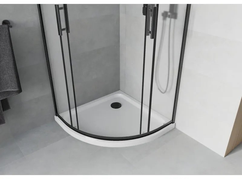 Mexen Rio, čtvrtkruhový sprchový kout 90(dveře)x90(dveře)x190 cm, 5mm sklo námraza, černý profil + bílá sprchová vanička SLIM, 863-090-090-70-30-4110B