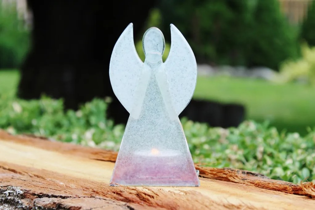 BDK-GLASS Skleněný svícen anděl 12cm - bílo-růžový