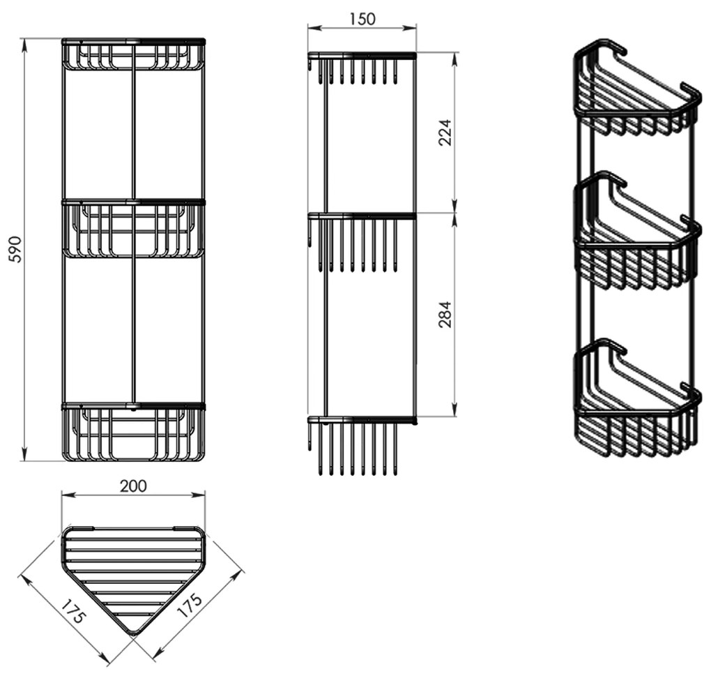 Gedy, SMART třípatrová rohová police 200x590x150 mm, chrom, 2484