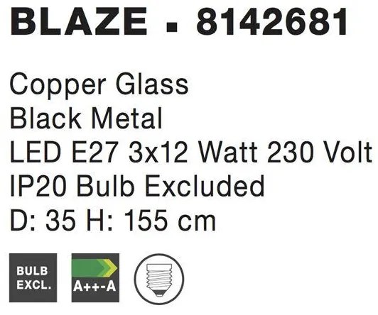 Nova Luce Závěsné svítidlo BLAZE měďené sklo a černý kov E27 3x12W