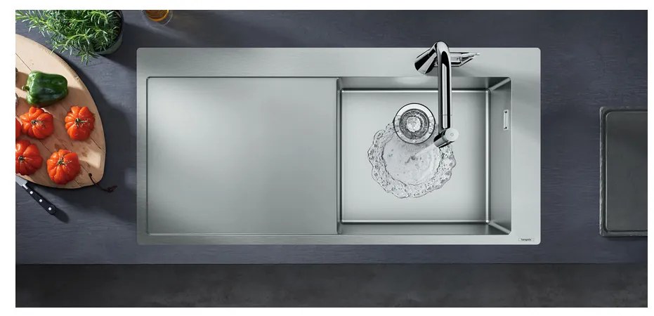 Hansgrohe S71, nerezový dřez 450 vestavný s odkapávací plochou vlevo, nerez, HAN-43306800