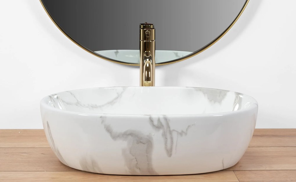 Rea Amelia Marmo Shiny, keramické umyvadlo na desku 480x345x135 mm, imitace kamene, REA-U8001