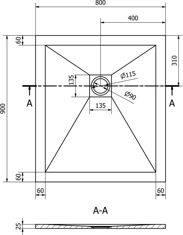 Mexen Stone+, obdélníková vanička z minerálního kompozitu 90 x 80 cm, antracitová, 44718090
