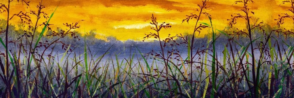 DIMEX | Fototapeta do kuchyně Denimová malba luční trávy KI-180-210 | 180 x 60 cm | žlutá, hnědá, modrá, zelená