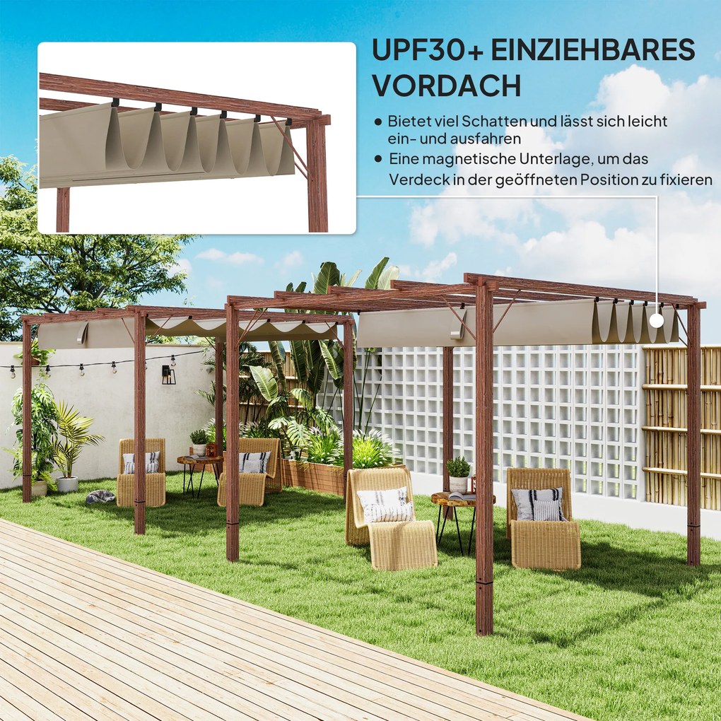 zahradní pergola 3 x 3 m, nastavitelná střecha terasy, hliníkový rám, ochrana proti slunci UPF30+, přírodní dřevo