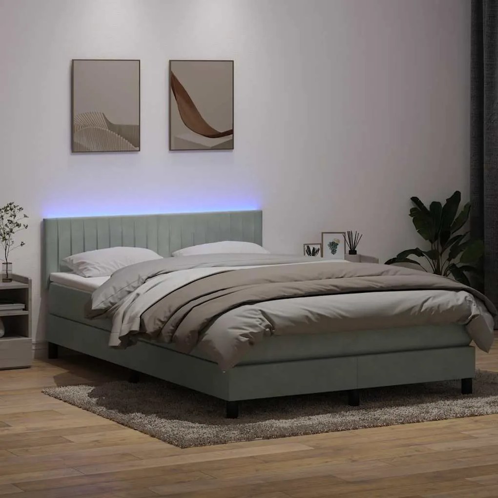 Box spring postel s matrací a LED světle šedá 160x210 cm samet 3317079