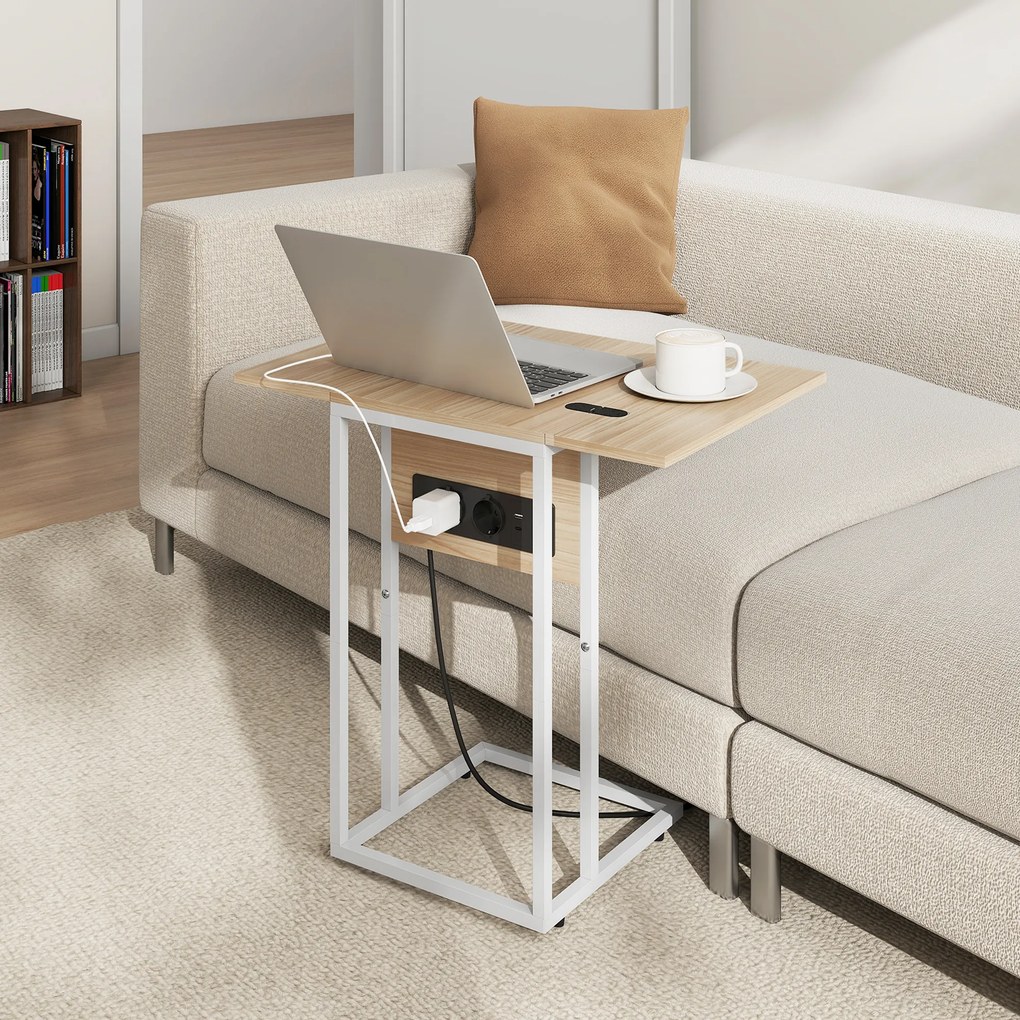 HOMCOM Skládací příruční stolek, nabíjecí stanice s USB porty, kov, 39 x 29 x 57 cm, barva dřeva