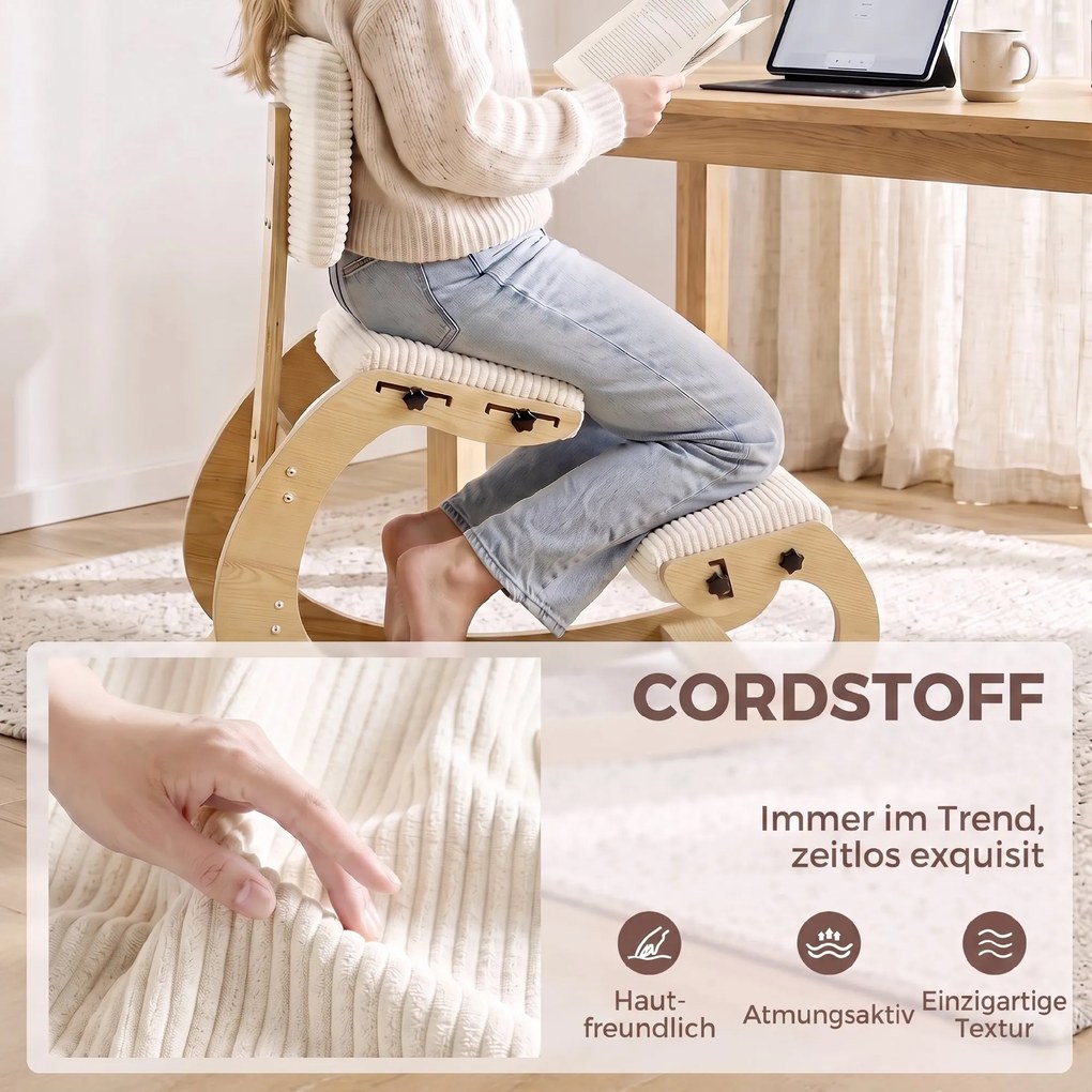 HOMCOM Ergonomická kolenní židle, kolenní stolička se záhlavím, vzhled manšestru, kancelářská židle do domácnosti, kanceláře, meditace, krémově bílá